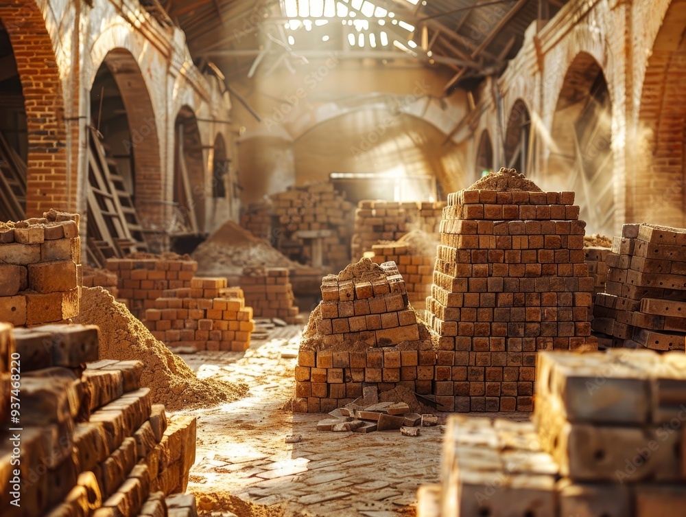 Sunbeams illuminate a dilapidated brick factory, casting long shadows ...