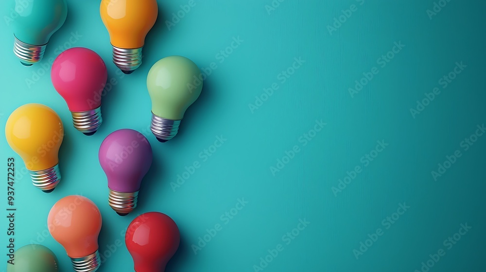 Colorful light bulbs on teal background, blending the vibrancy of color ...