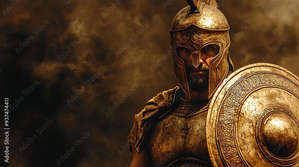 Ancient Greek warrior in golden armor and helmet with shield ...