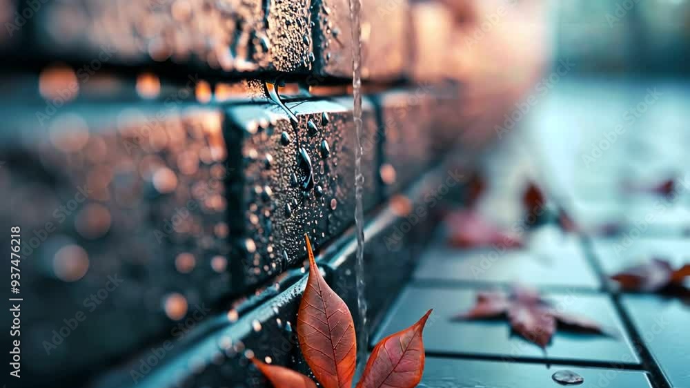 Close-up of a rain-soaked brick wall with leaves scattered on the wet ...