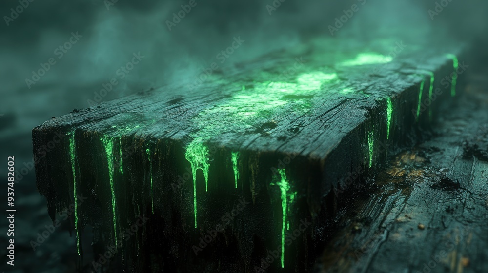 Glowing green slime drips from a charred wooden surface in a dark ...