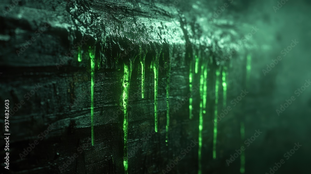 Glowing green slime slowly drips down a dark, textured surface ...