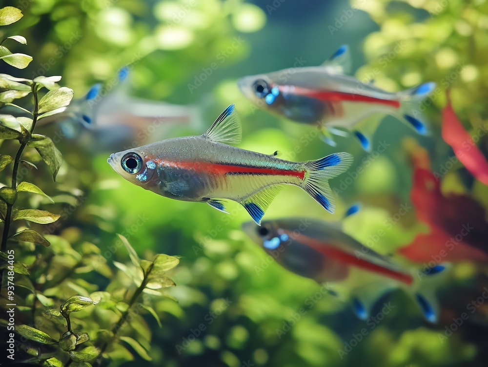 Neon tetra shoal swimming in perfect harmony in a lushly planted tank ...