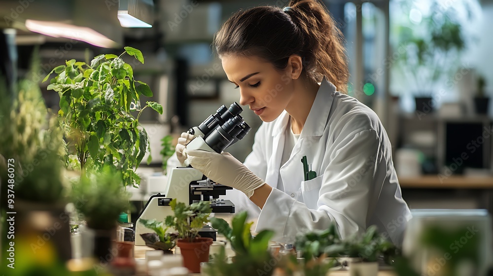 Researcher using a microscope to study plant cells in a botany lab ...