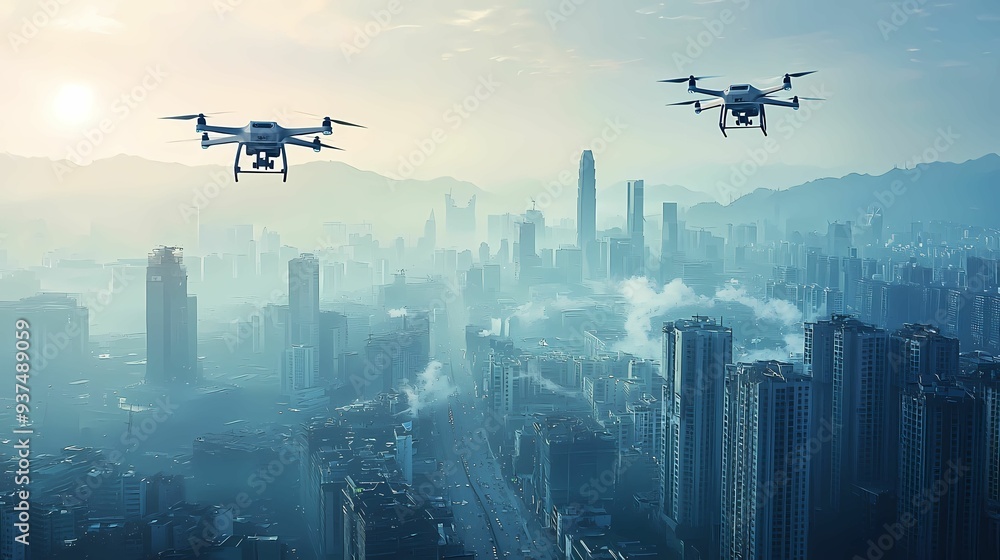 Drones flying over a hazy city skyline, capturing stunning aerial views ...