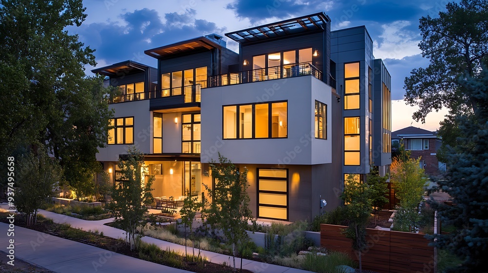 Urban townhouse with a rooftop terrace, large windows, and a modern ...