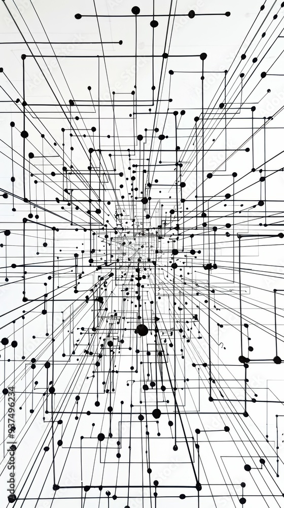 Black and white line drawing of a geometrical grid in one-point ...