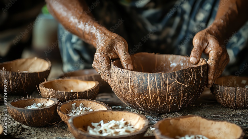 Traditional method of collecting latex in coconut shells, latex ...