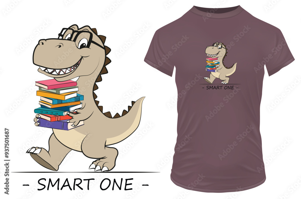 Funny cartoon of a happy smart dinosaur walking with books in hands ...