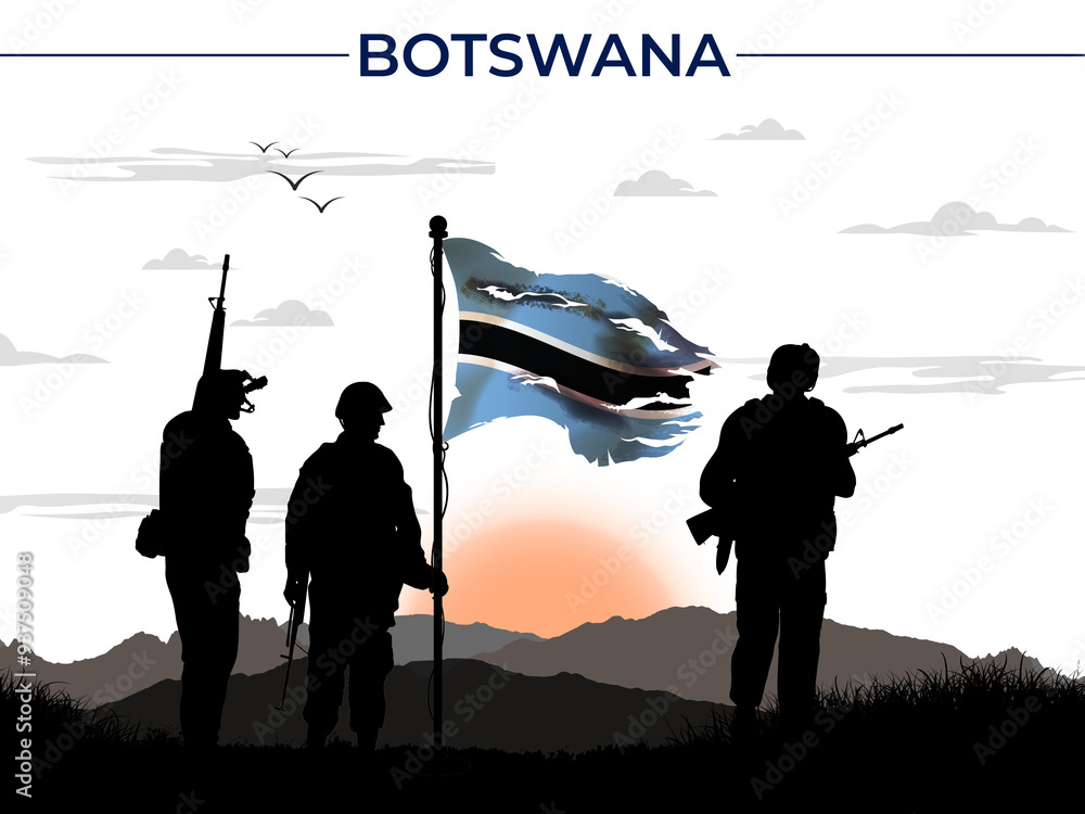 Botswana National Flag Waving After War Victory. Silhouette Soldier ...
