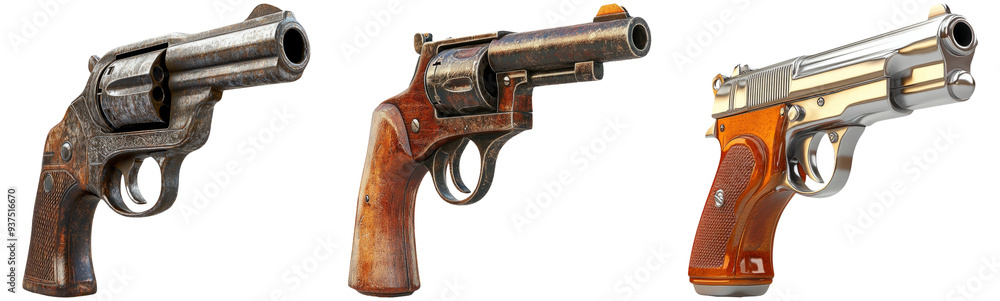 Vintage revolvers in different models isolated on transparent ...