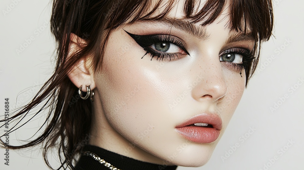 Create an emo-inspired fashion image with a model showing off their eyeliner and unique style ...