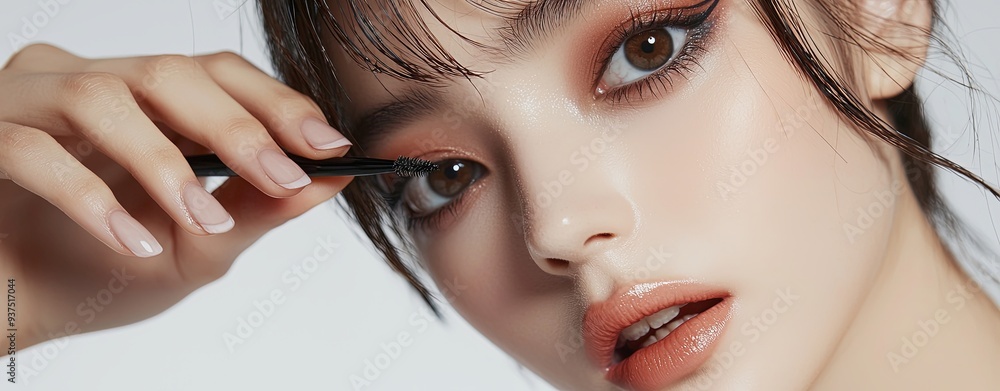 Design a photo of a model demonstrating emo eyeliner application with a ...