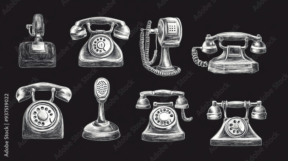 Retro telephone icons featuring rotary dials, illustrated in a chalk ...