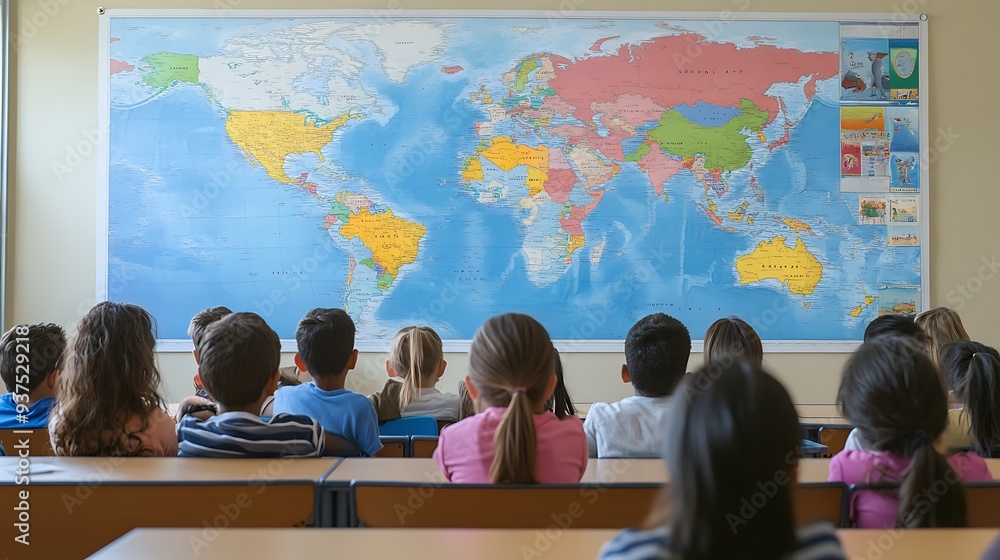 Classroom with a large world map on the wall, students learning about ...