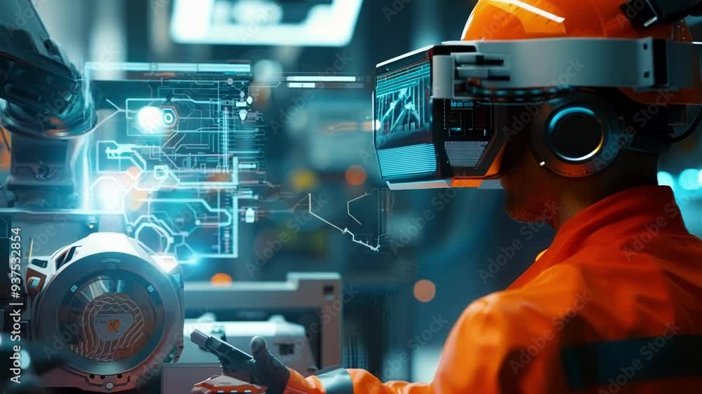 Engineer wearing a vr headset is controlling a robotic arm in a modern ...