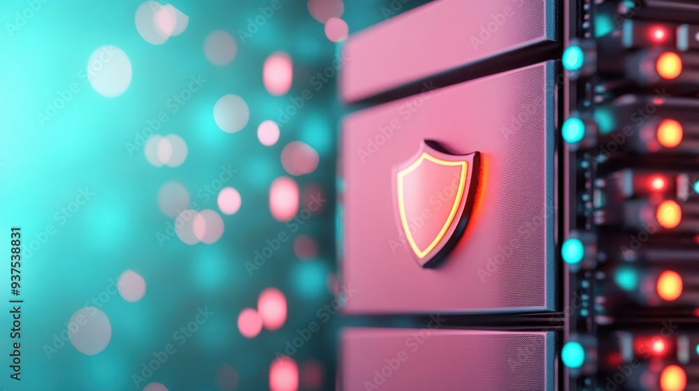 A close up of a server rack with blinking lights and a firewall icon ...