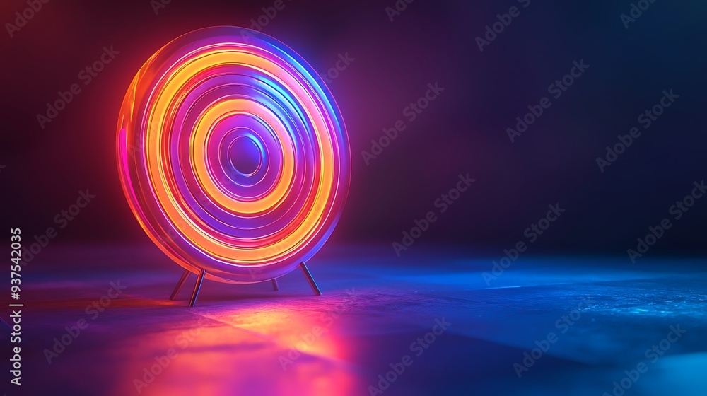 Neon target, 3D abstract glowing goal success concept, creating a ...