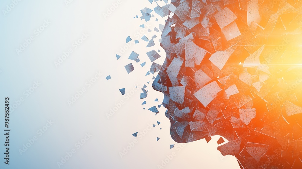 Abstract representation of a human face deconstructing into fragments ...