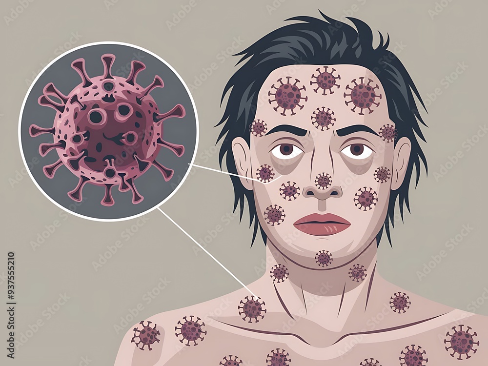 illustration depicting a human affected by monkeypox infection. The ...