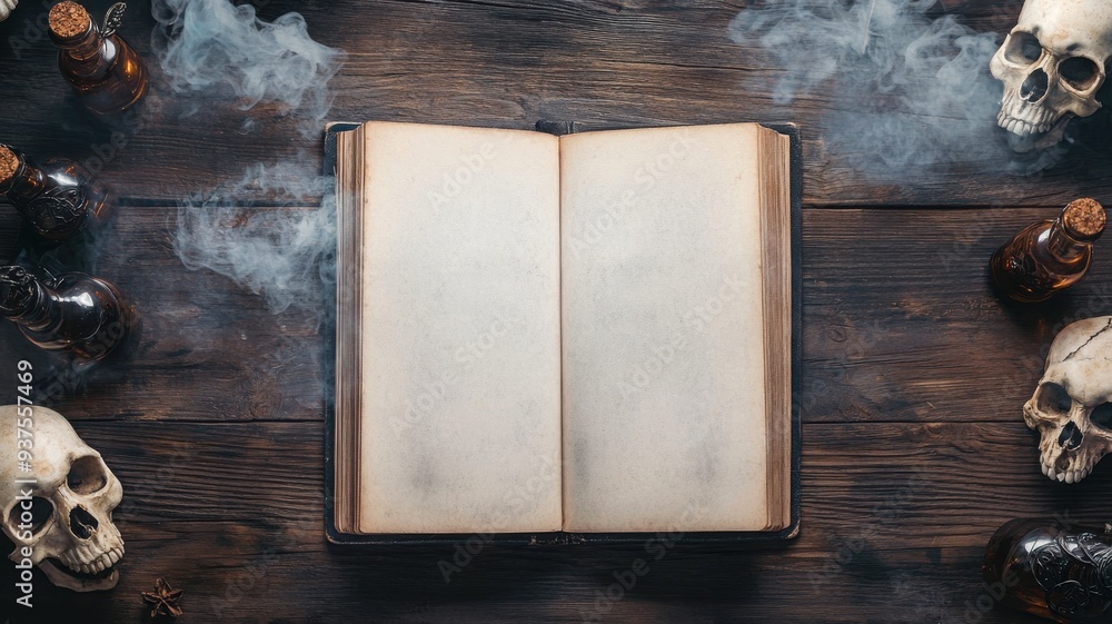 An open book surrounded by mysterious skulls and potions, creating an ...