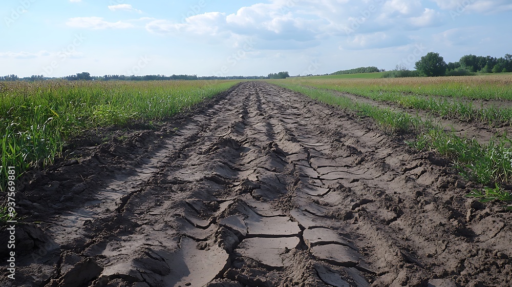 Parched, cracked soil in an agricultural field suffering from a lack of ...