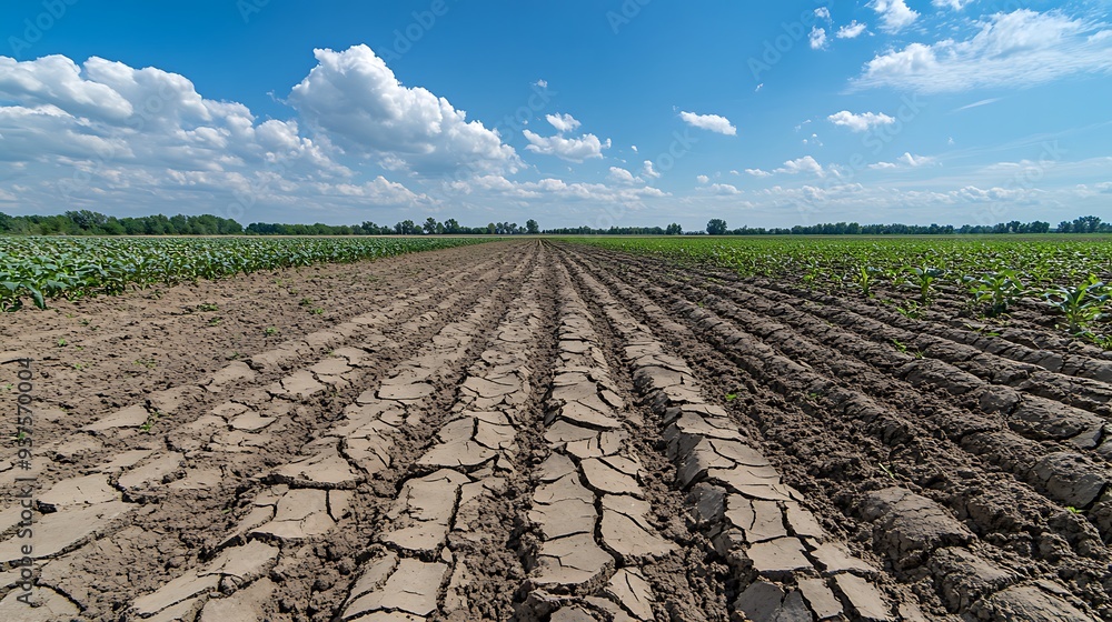 Parched, cracked soil in an agricultural field suffering from a lack of ...