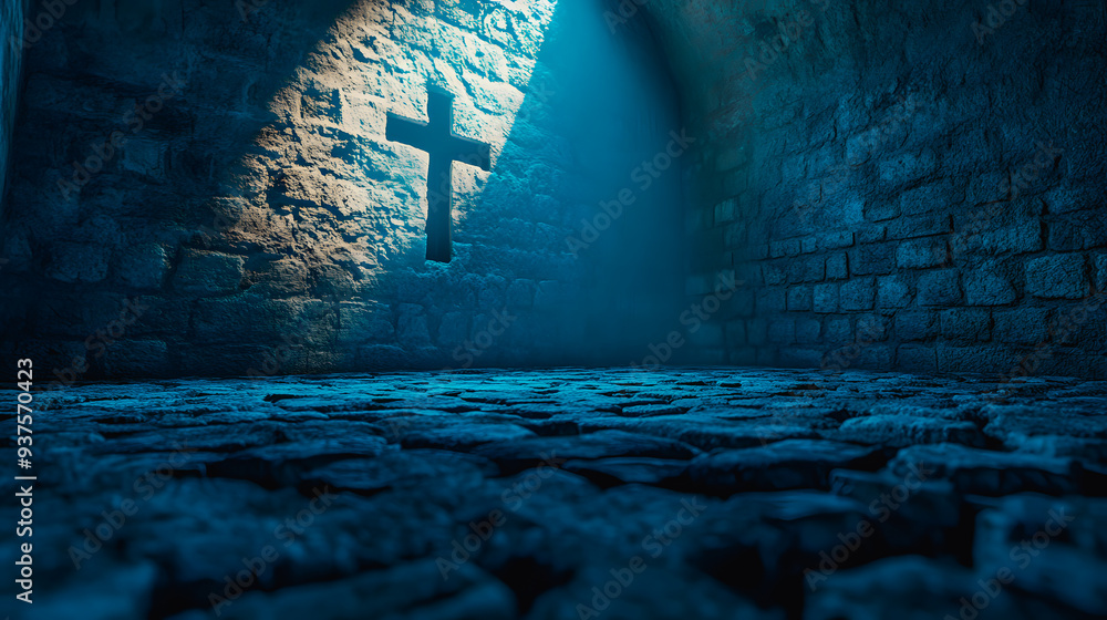 Sunlight illuminating a cross on the wall of a stone building. Light ...