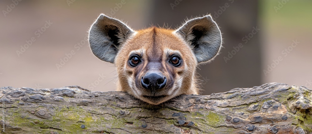 A hyena's face, poised close-up, emerges from behind a tree branch with ...