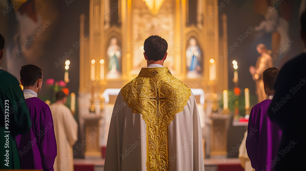 A priest celebrating mass in a church in front of the altar with other ...