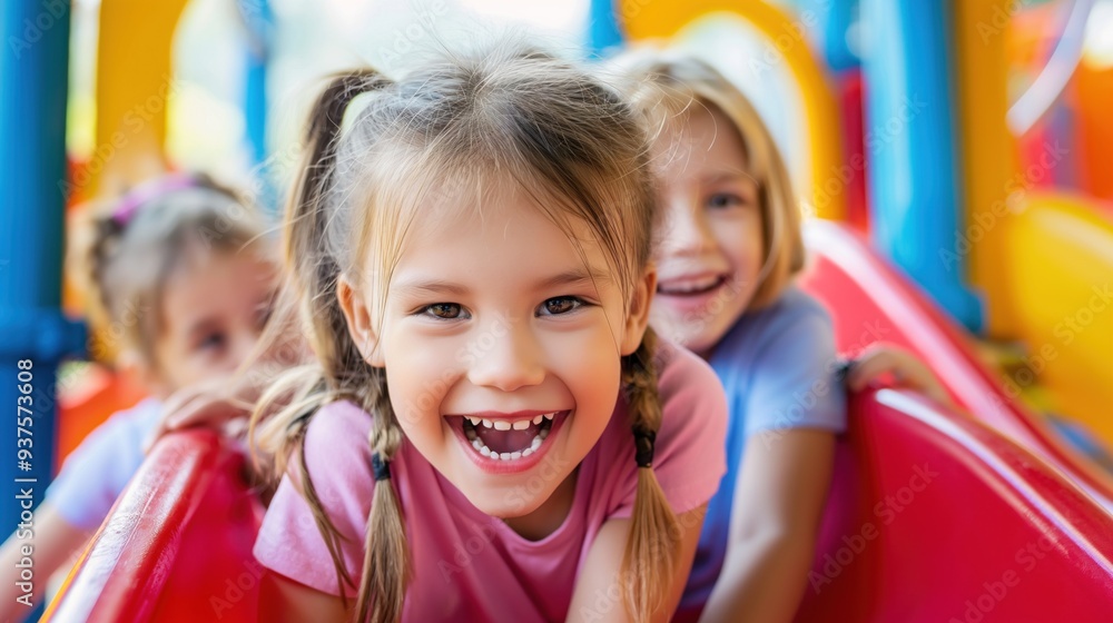 Children playing together in a playground, diverse backgrounds, joyful ...