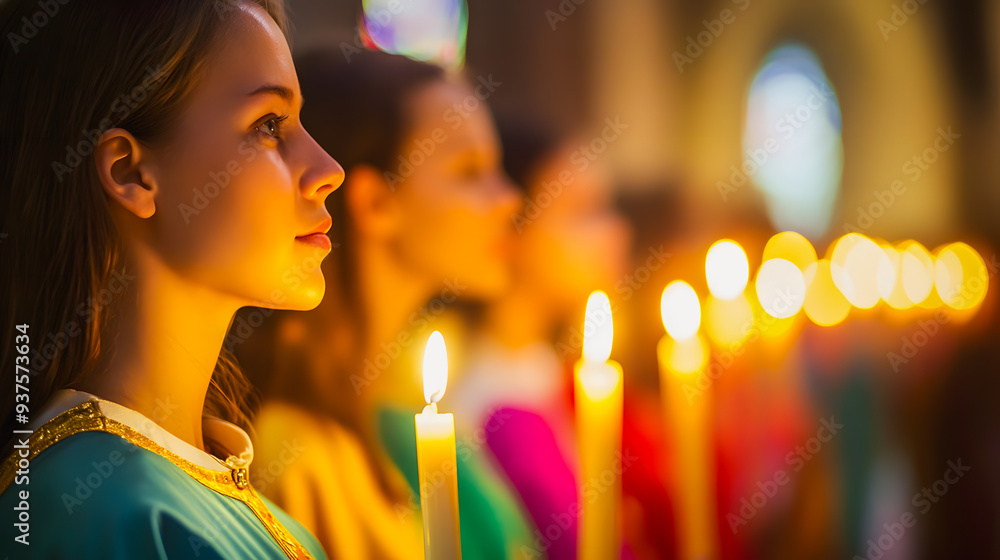 Young women holding lit candles in church during mass. Women wearing ...