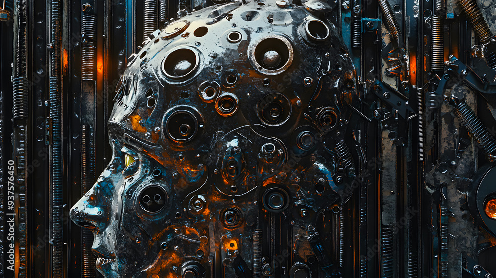 Art sculpture showing a human face made of small metal parts. Abstract ...