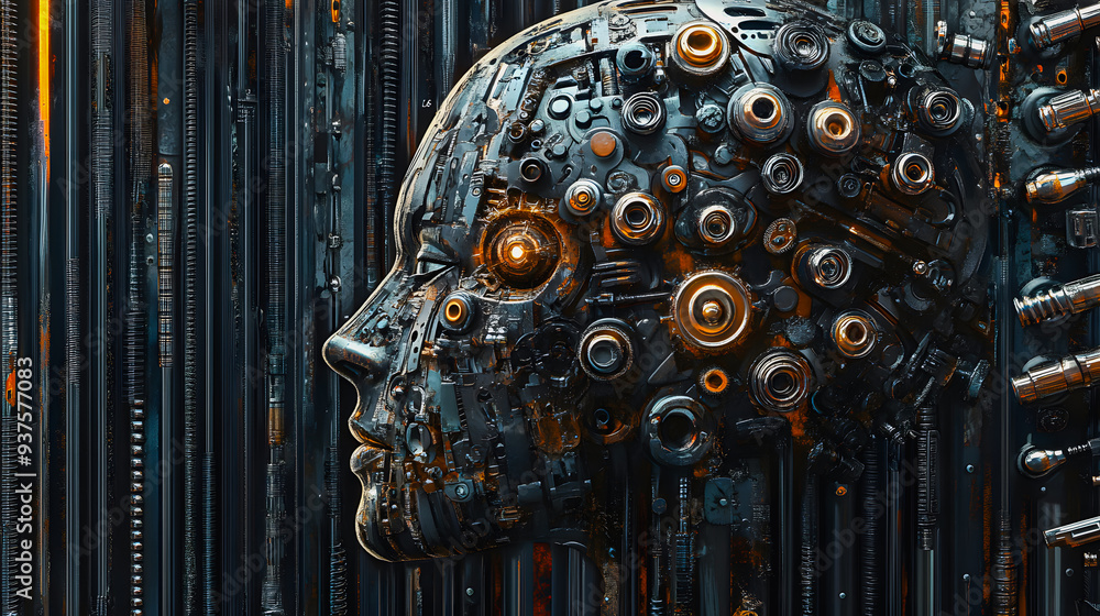 Art sculpture showing a human face made of small metal parts. Abstract ...