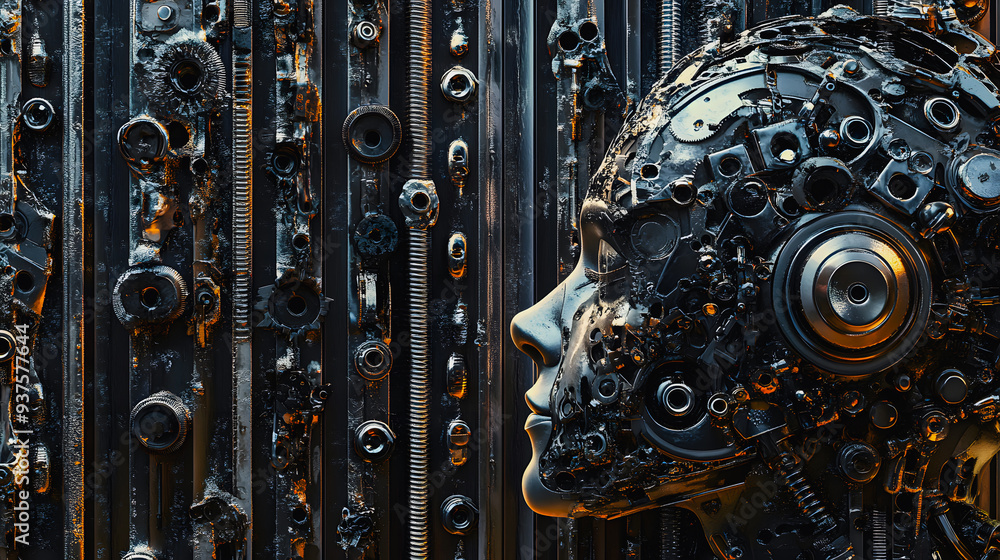 Art sculpture showing a human face made of small metal parts. Abstract ...