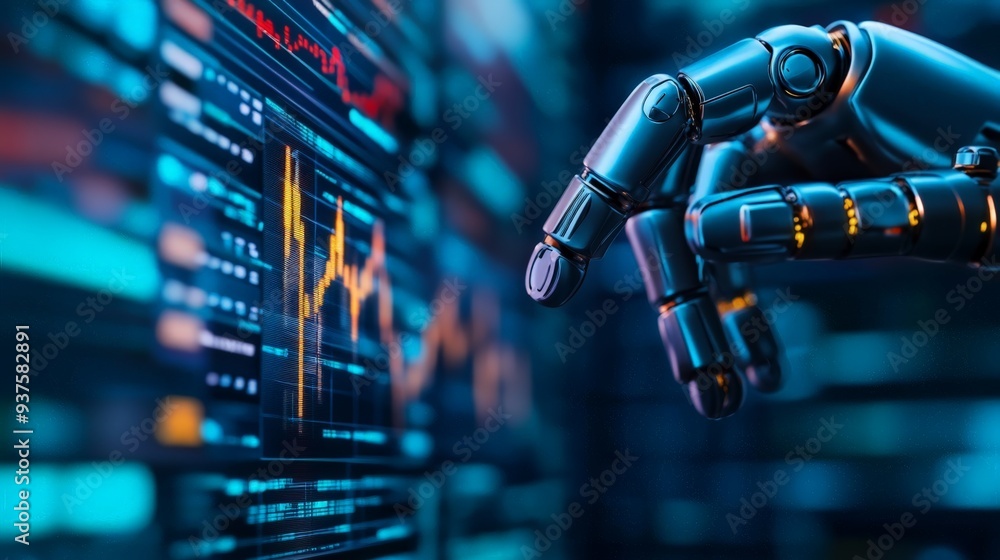 Robotic hand analyzing digital data on futuristic screen, representing AI and technology ...