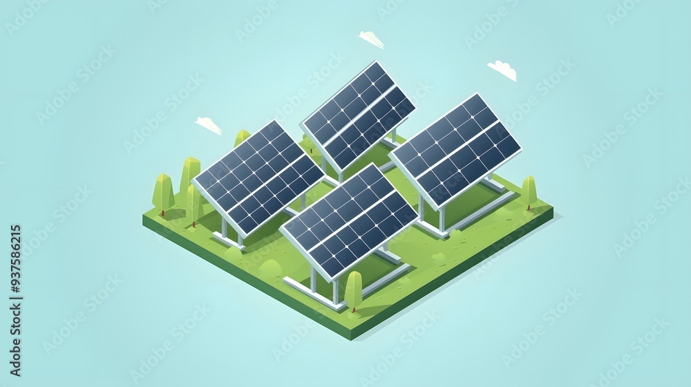 Isometric illustration of 3D solar panels in a bright clean layout AI ...