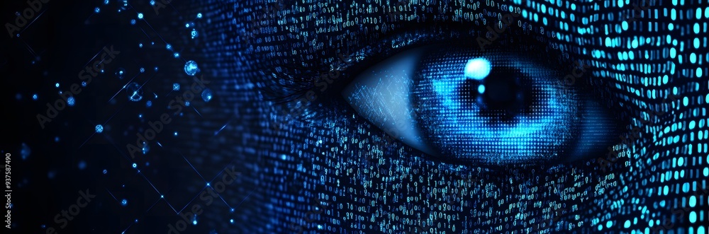 Halftone Letter Binary Code Pattern Forming A Pair Of Eyes Coding Language Symbols Forming A