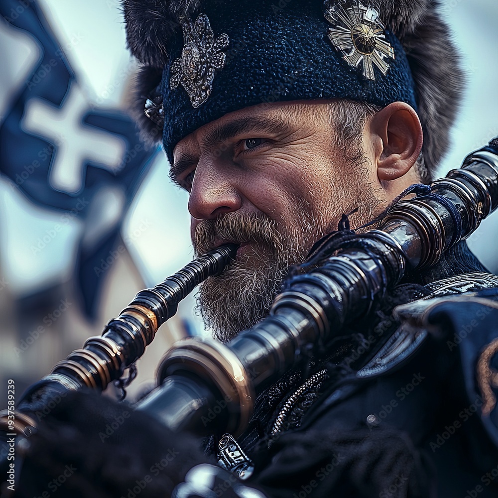 Scottish Bagpiper in Traditional Attire Playing Bagpipes on St Andrew's ...