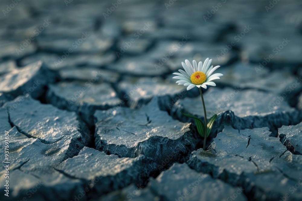 One daisy flower sprouts through dry cracked soil. Symbol of soul ...