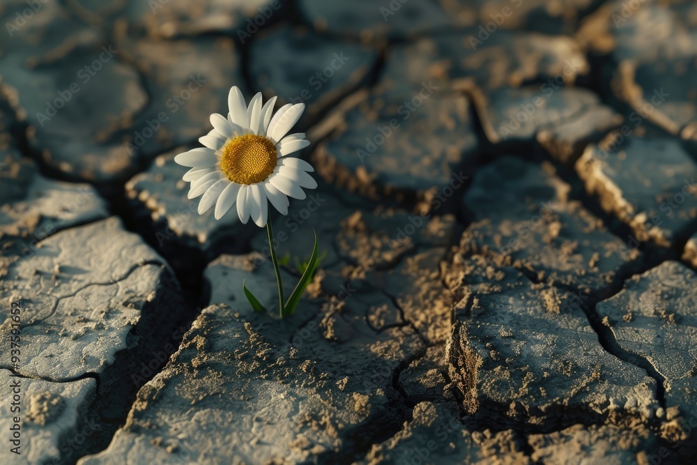 One daisy flower sprouts through dry cracked soil. Symbol of soul ...
