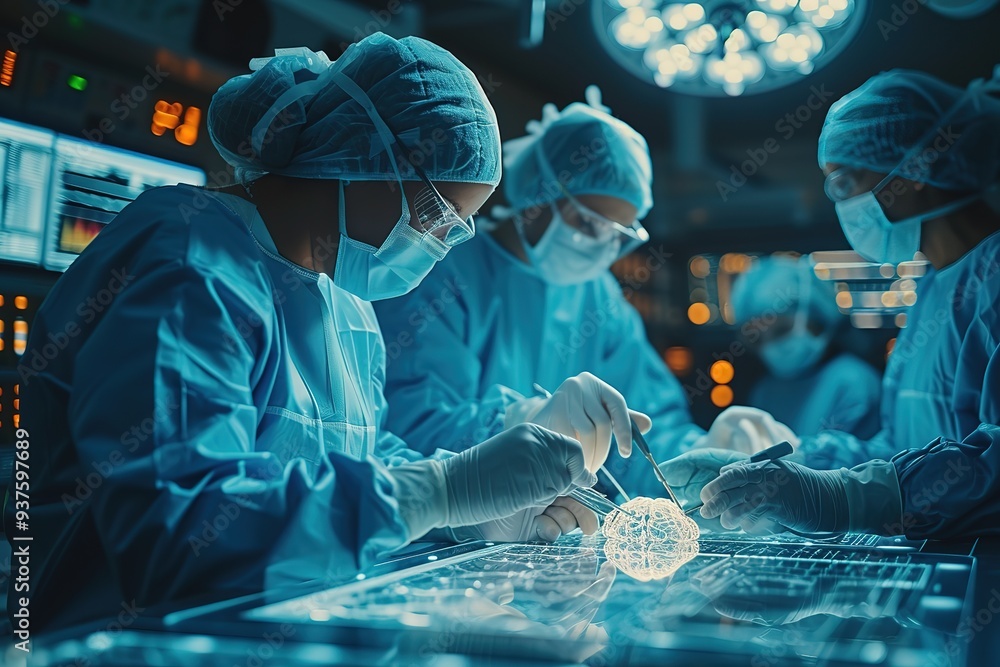 Doctor surgeon operating on ill patient brain using tools and computer ...