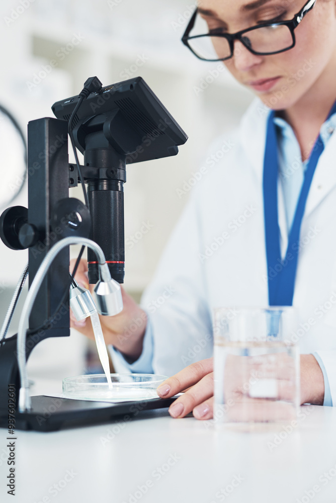 Microscope, pipette and scientist with research, chemistry laboratory ...