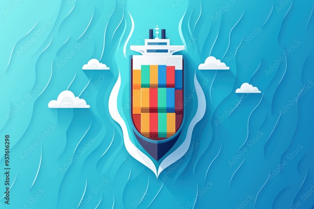 Top-Down View of Cargo Ship on Calm Seas High-Resolution Stylized Flat ...