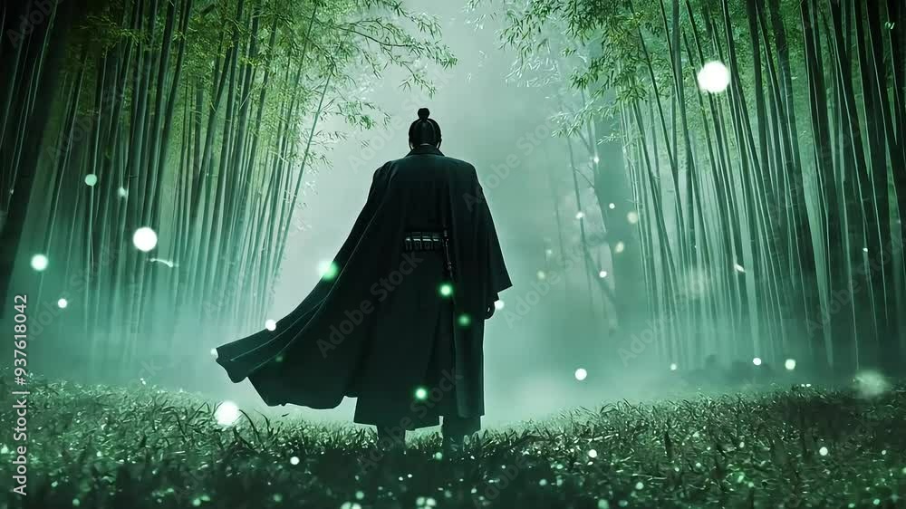 A lone samurai, stands amidst a mystical bamboo forest, cape billowing ...