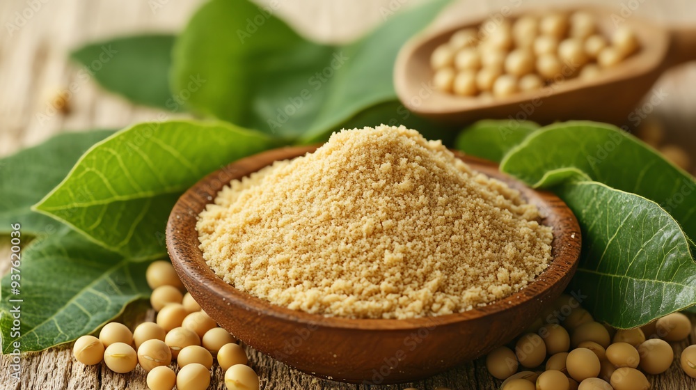 Soybean meal alongside soybean pods and leaves, Main keyword soybean ...