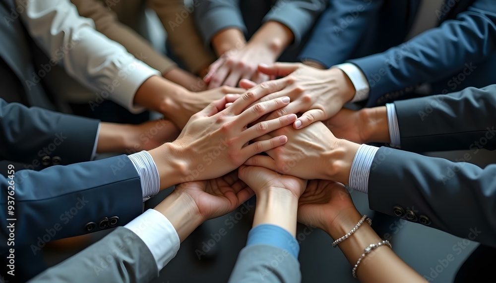 Group, business people and hands in stack for teamwork, collaboration ...