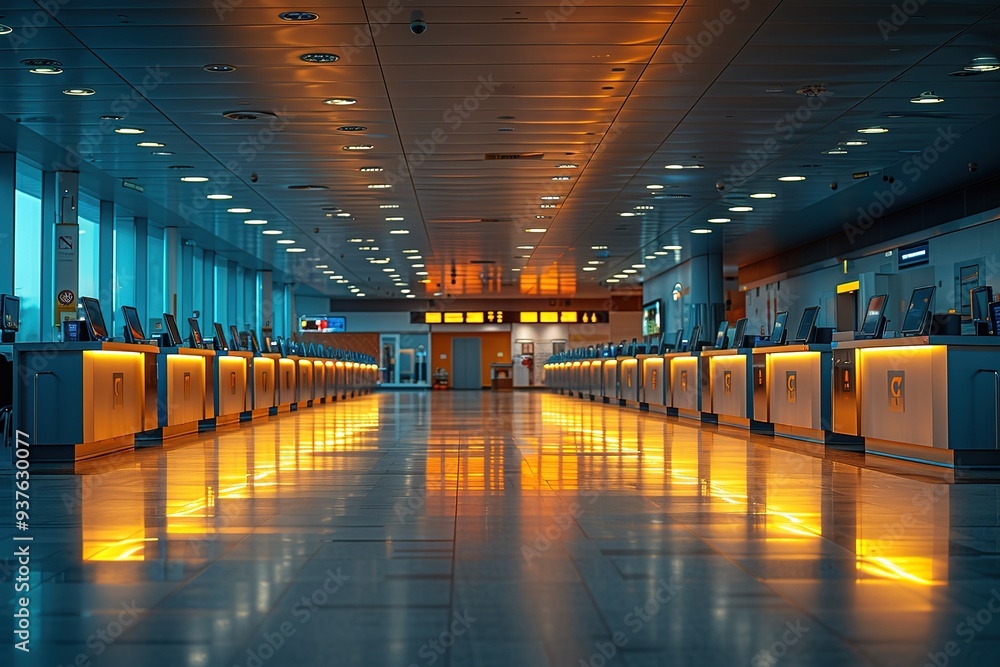 Airport Terminal Check-In Counters Rows of check-in counters inside the ...