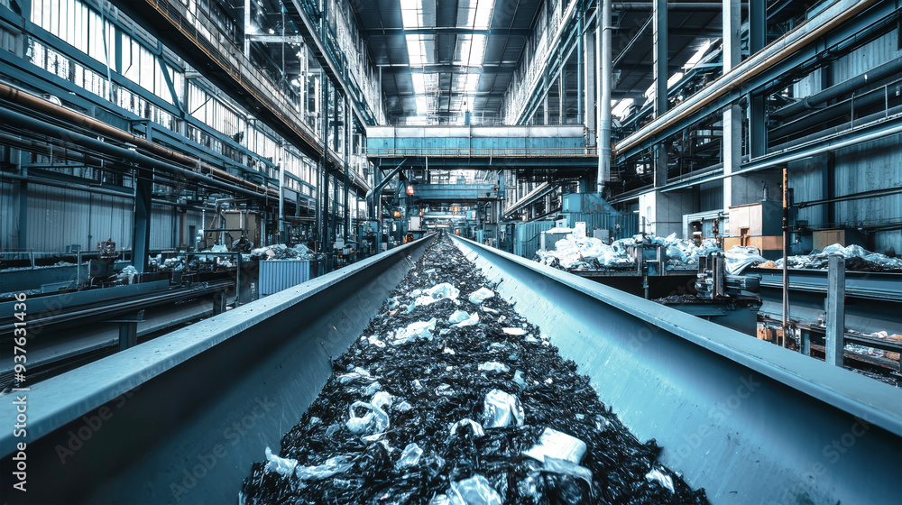 The inside of a recycling plant showcases a conveyor belt transporting ...