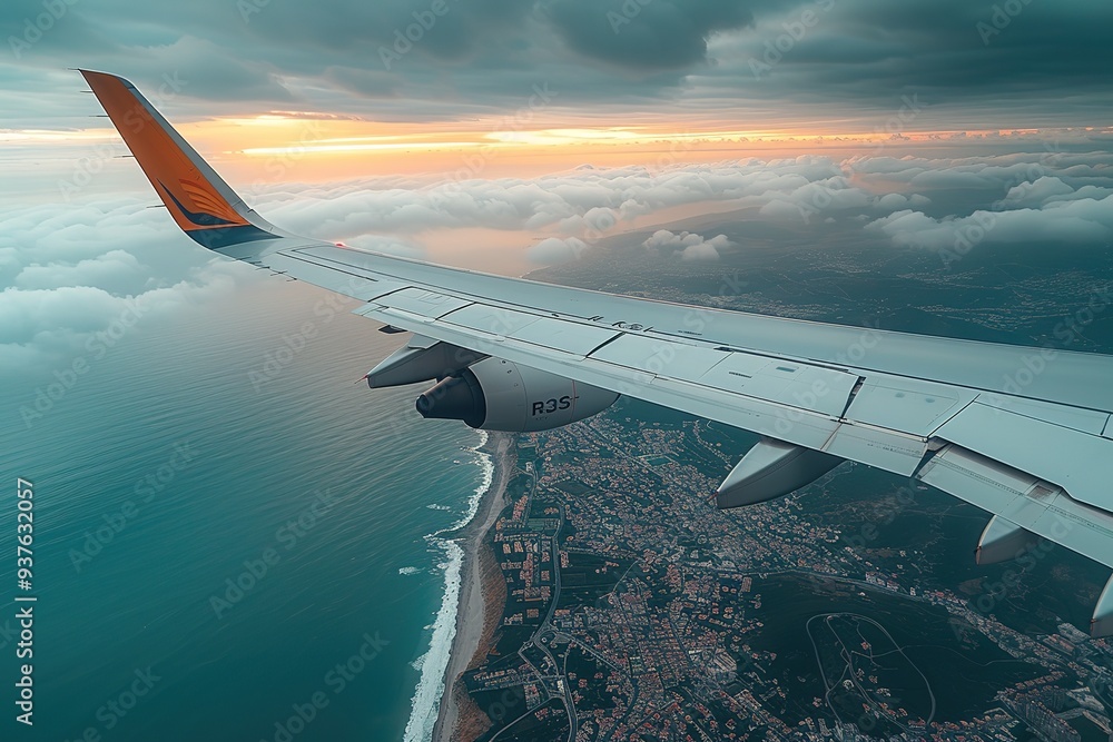 Passenger Aircraft Wing Over Coastal Waters Aerial view of an airplane ...